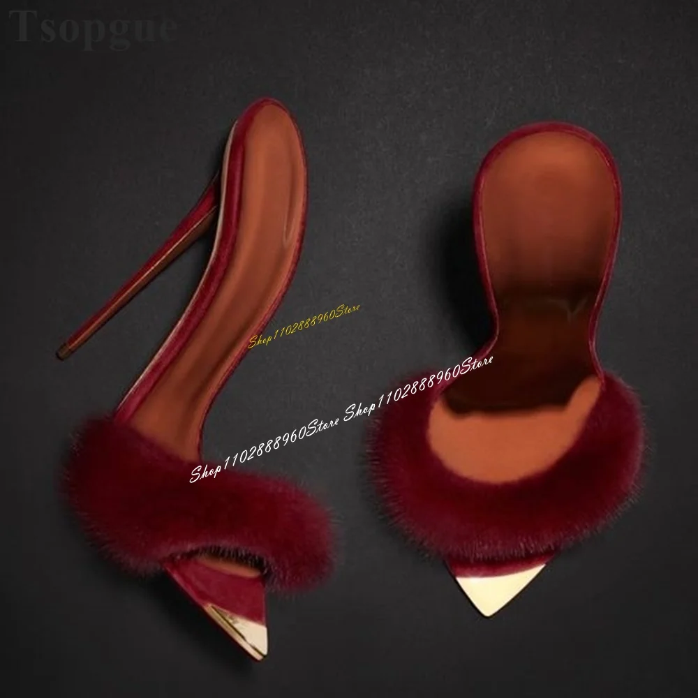 Elegant-Shallow-Red-Furry-Luxury-Slippers-Thin-High-Heel-Shoes-For ...