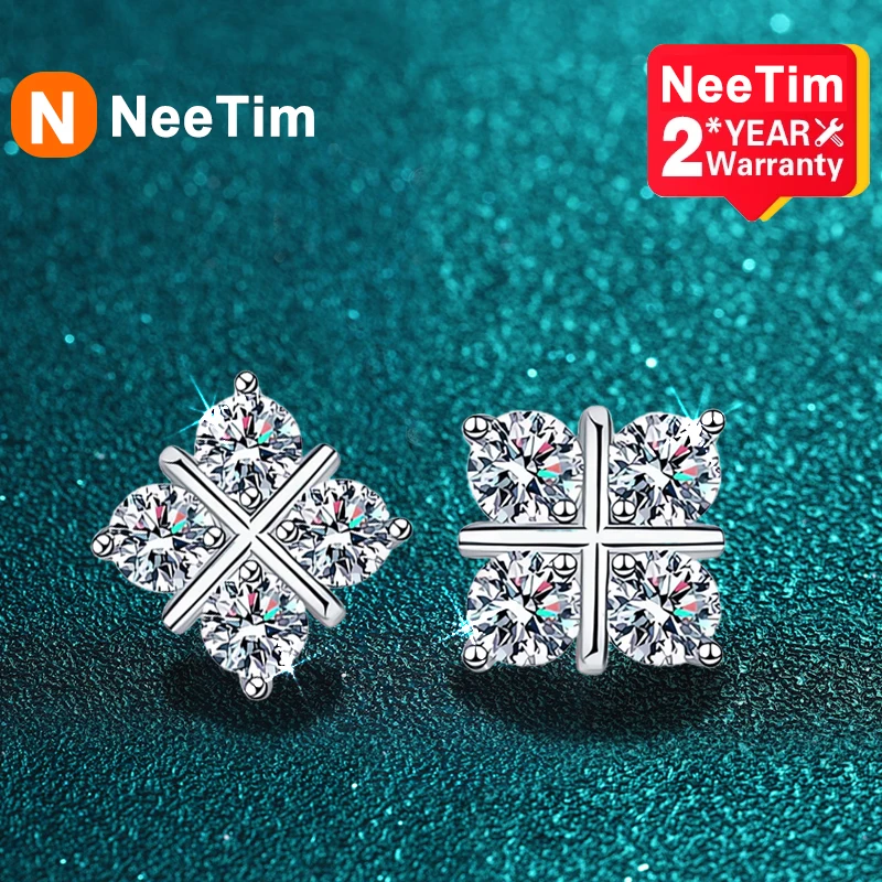 NeeTim D Color Moissanite Stud Earrings For Women Top Quality 925 Sterling Silver Sparkling ...