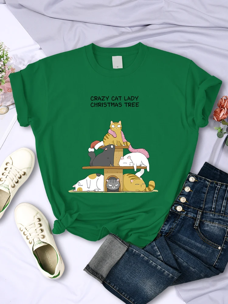 Crazy Cat Lady Christmas Tree Tshirt Women Summer Cute Aesthetic T ...