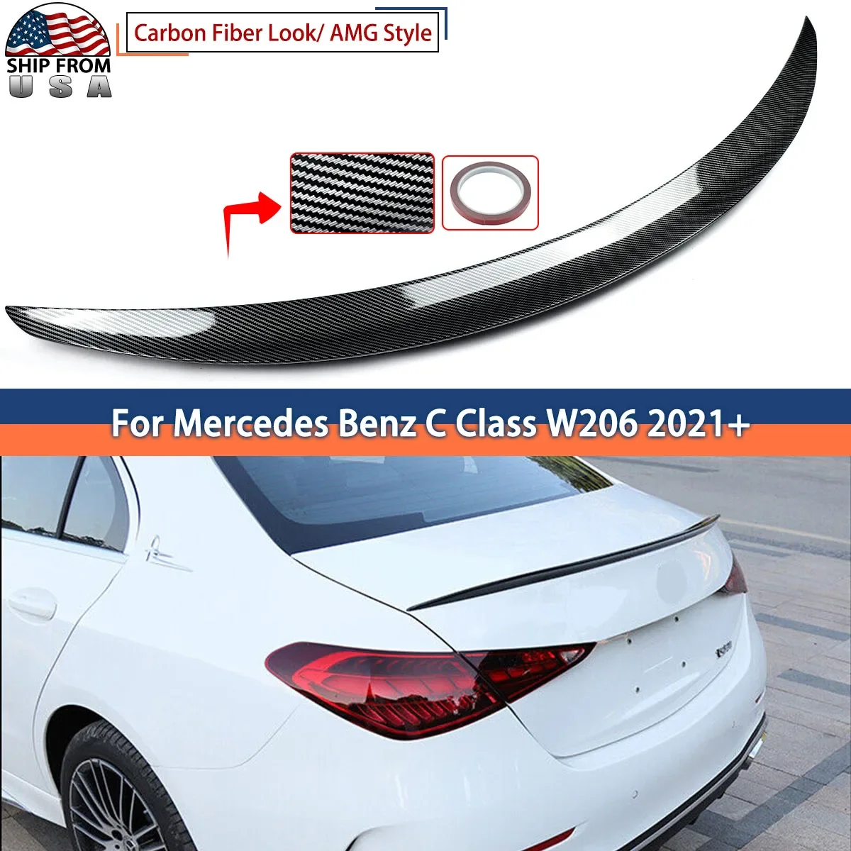 AMG STYLE CARBON PRINT TRUNK SPOILER WING FOR 2022-23 MERCEDES W206 C63 ...