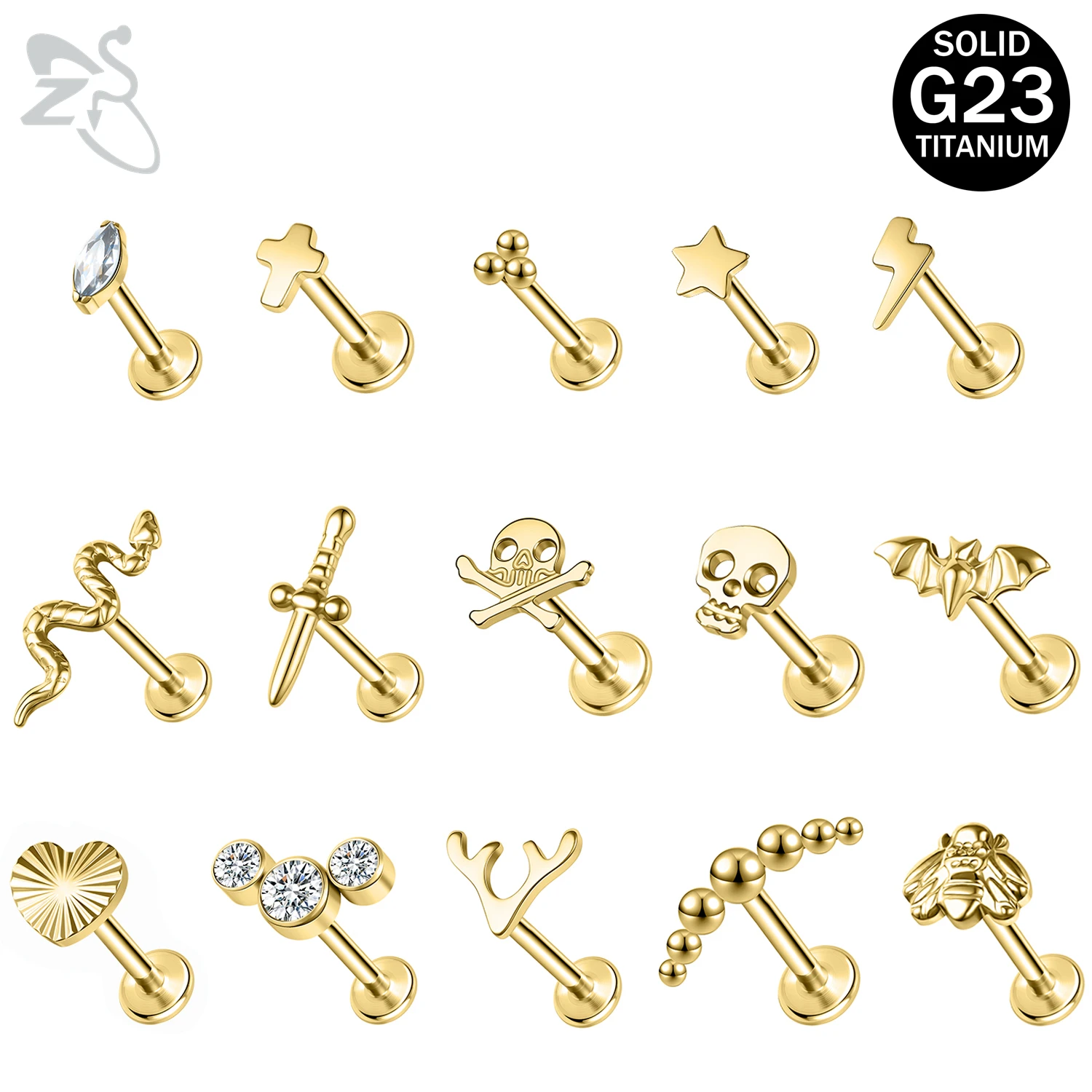 ZS-1-PC-Gold-Color-16G-F136-G23-Titanium-Steel-Labret-Lip-Piercing-For ...
