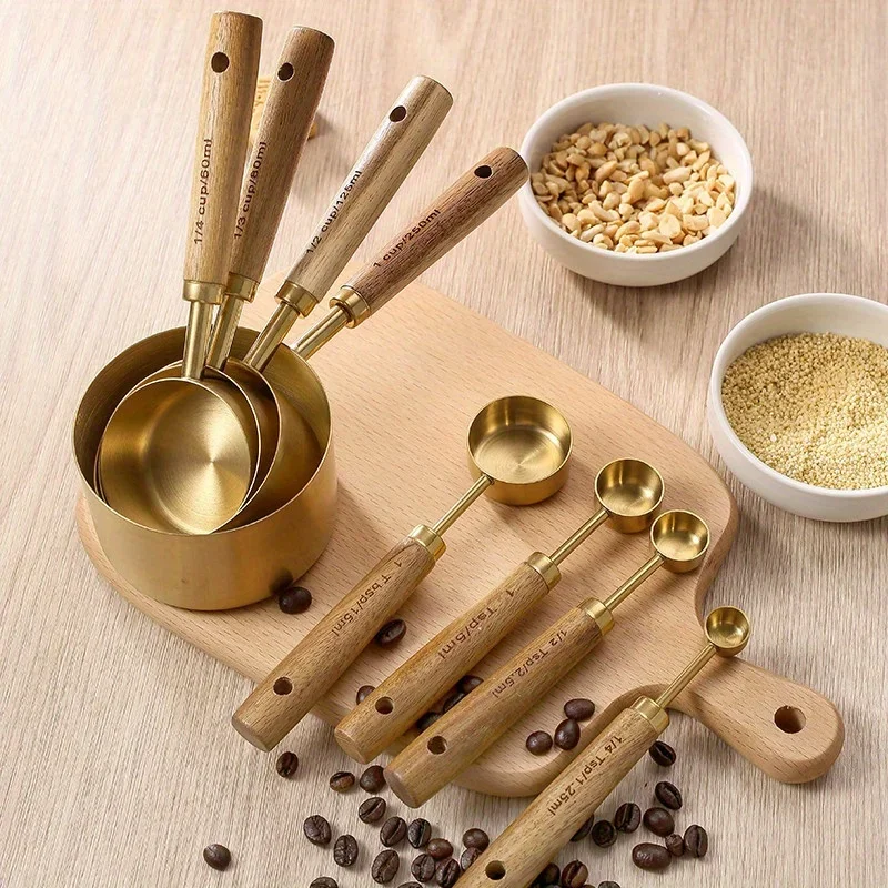 4/8Pcs Stainless Steel Measuring Cups Spoons Wooden Handle Baking Tools ...