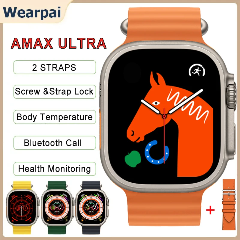 Novo smartwatch amax ultra 49mm 2.05 "com 2 correias monitor de freqüência cardíaca temperatura ...