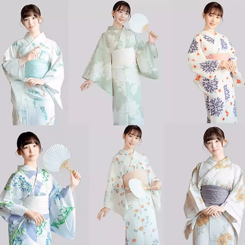 Women-Japanese-Traditional-Cotton-Kimono-with-Obi-Floral-Prints-Formal ...