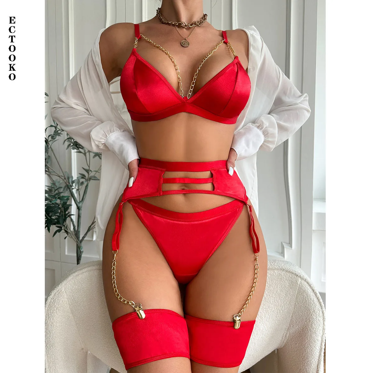 Ectooko 고급 레이스 홀터 브래지어 섹시한 포르노 속옷 여성 바디 핫 파인 친밀한 러플 가터 벨트 팬시 란제리