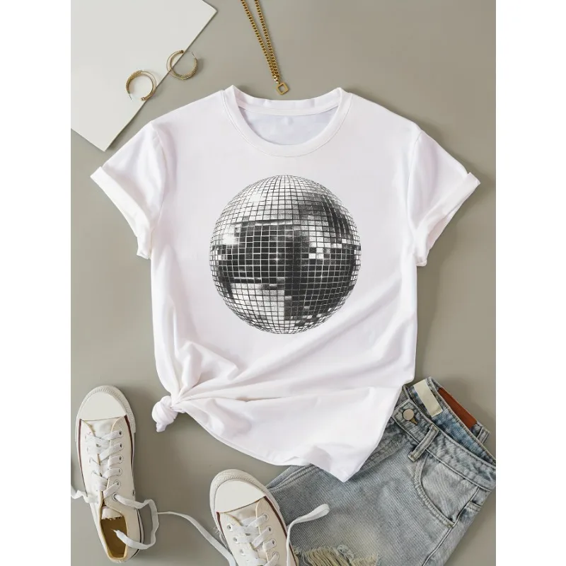 Women's Clothing Disco Ball Print Crew Neck T-shirt Short Sleeve Casual ...