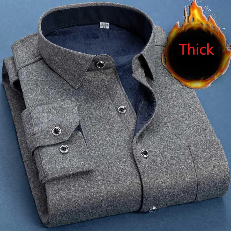 Autumn Winter Men Fleece Warm Shirt Fashion Solid Long Sleeve Business ...