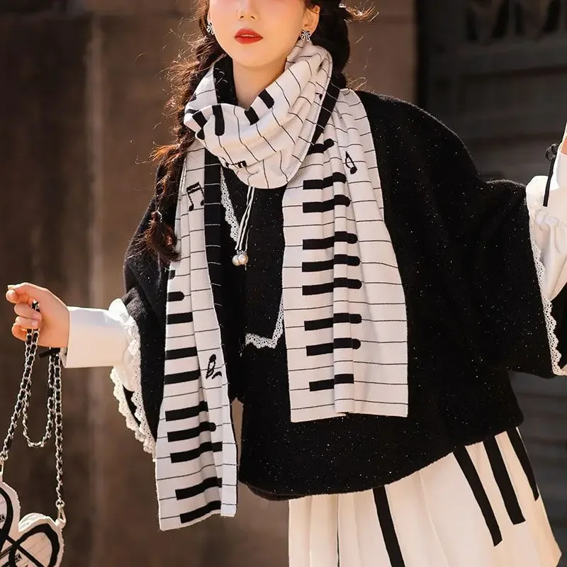 Keyboard Double sided Rectangular Scarf Women Shawl Black and White ...