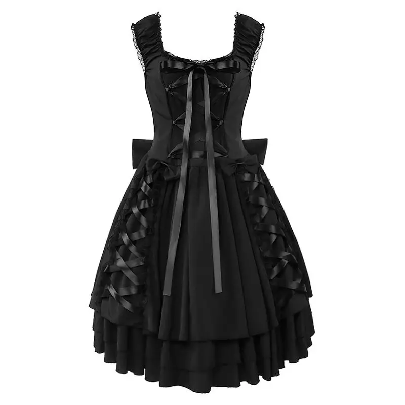 Vintage Victorian Gothic Lolita Black Lace Corset Bow Puffy Dress Dark ...