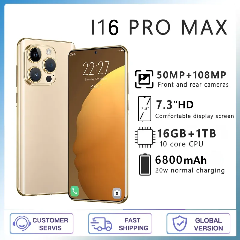 글로벌 버전 5G 휴대폰, i16 Pro Max 4G 듀얼 카드 휴대폰, 안드로이드 13.0 휴대폰, 16GB 1TB 휴대폰, 7.3 인치 안드로이드 폰