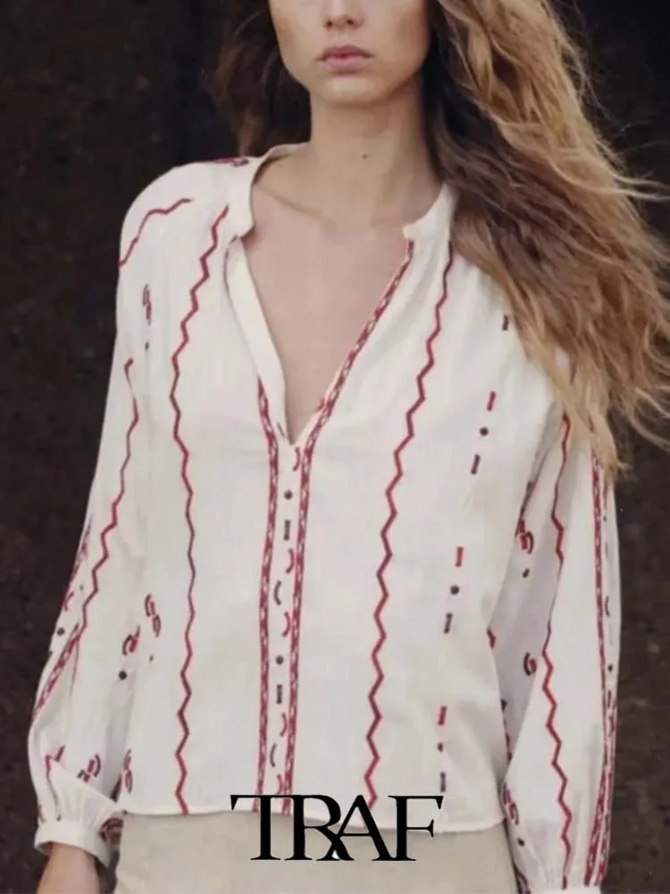 TRAF Blusa de manga larga con cuello en V para mujer, camisa holgada ...