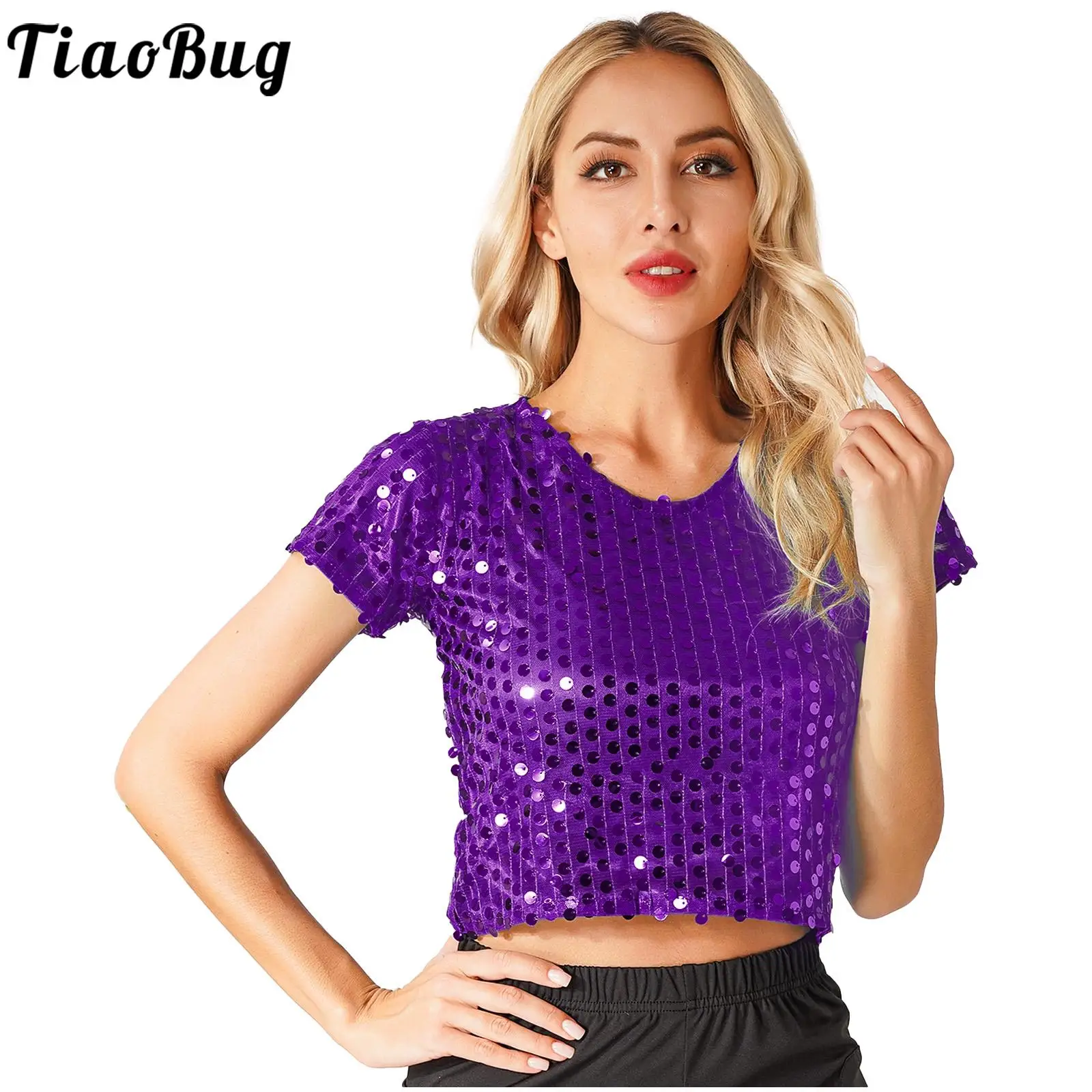 Womens Girls Summer Shirts New Crop Top Stylish Sparkly Sequin Short ...
