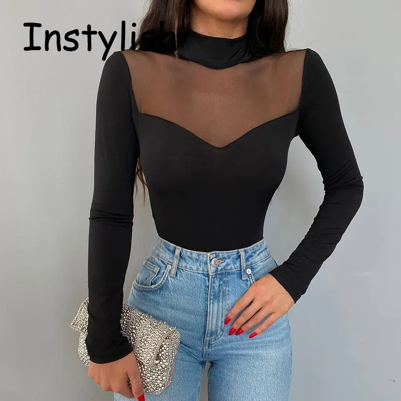 Women-Sexy-Mesh-Patchwork-Bodysuits-Spring-Long-Sleeve-Turtleneck-Slim ...