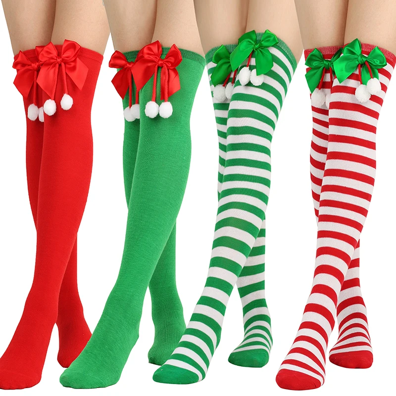 Christmas-Striped-Long-Stockings-Bow-Christmas-Socks-Ball-Long-Socks ...
