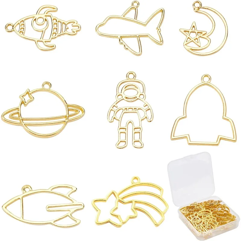 1 Box 32Pcs 8 Styles Gold Open Bezel Charms Hollow Frame Pendant Space ...