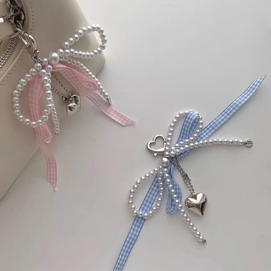 Y2K-Lattice-Ribbon-Bowknot-Pearls-Bag-Pendant-Charm-Heart-Keychain ...