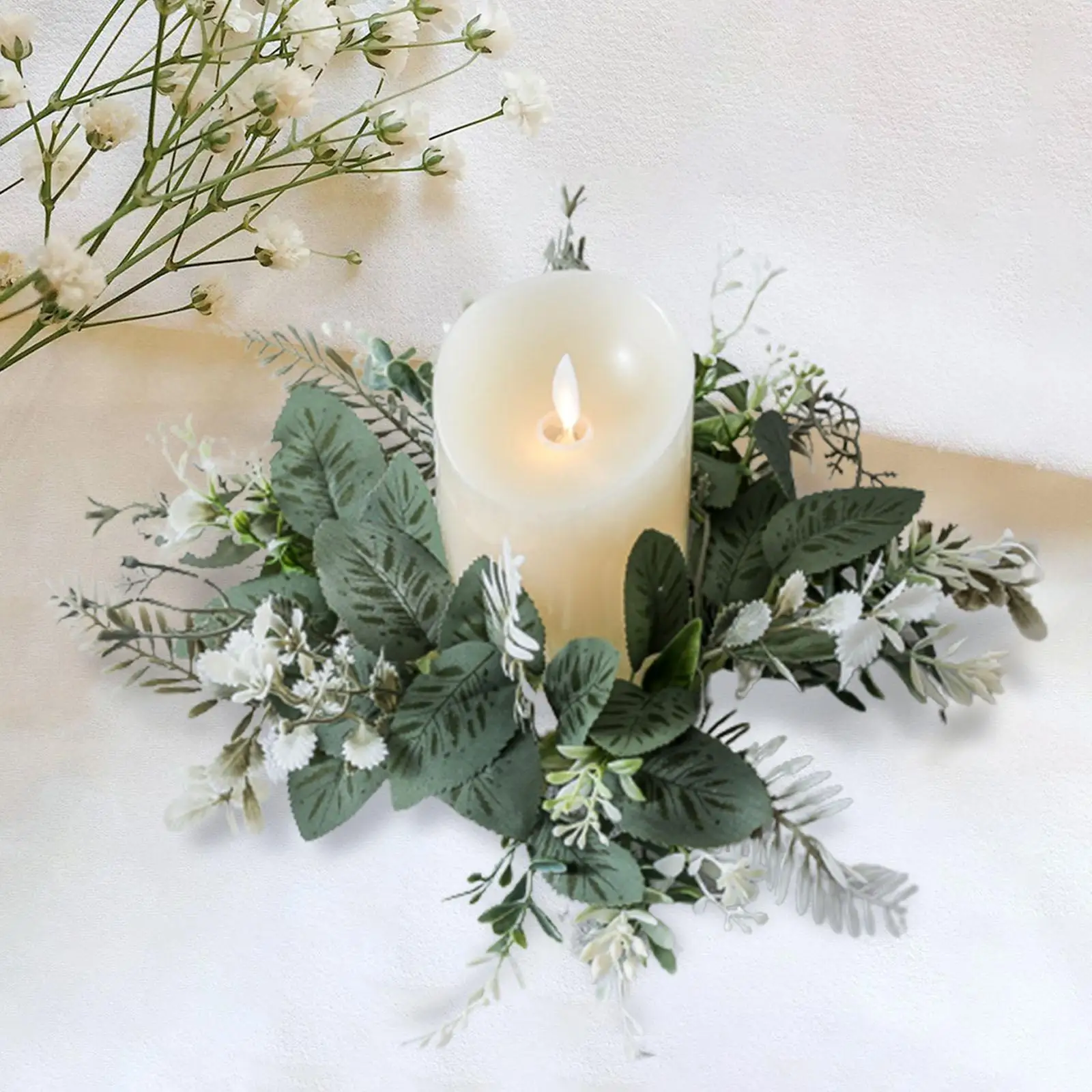 Greenery-Candle-Wreath-Pillar-Candle-Holder-Flower-Wreath-Artificial ...