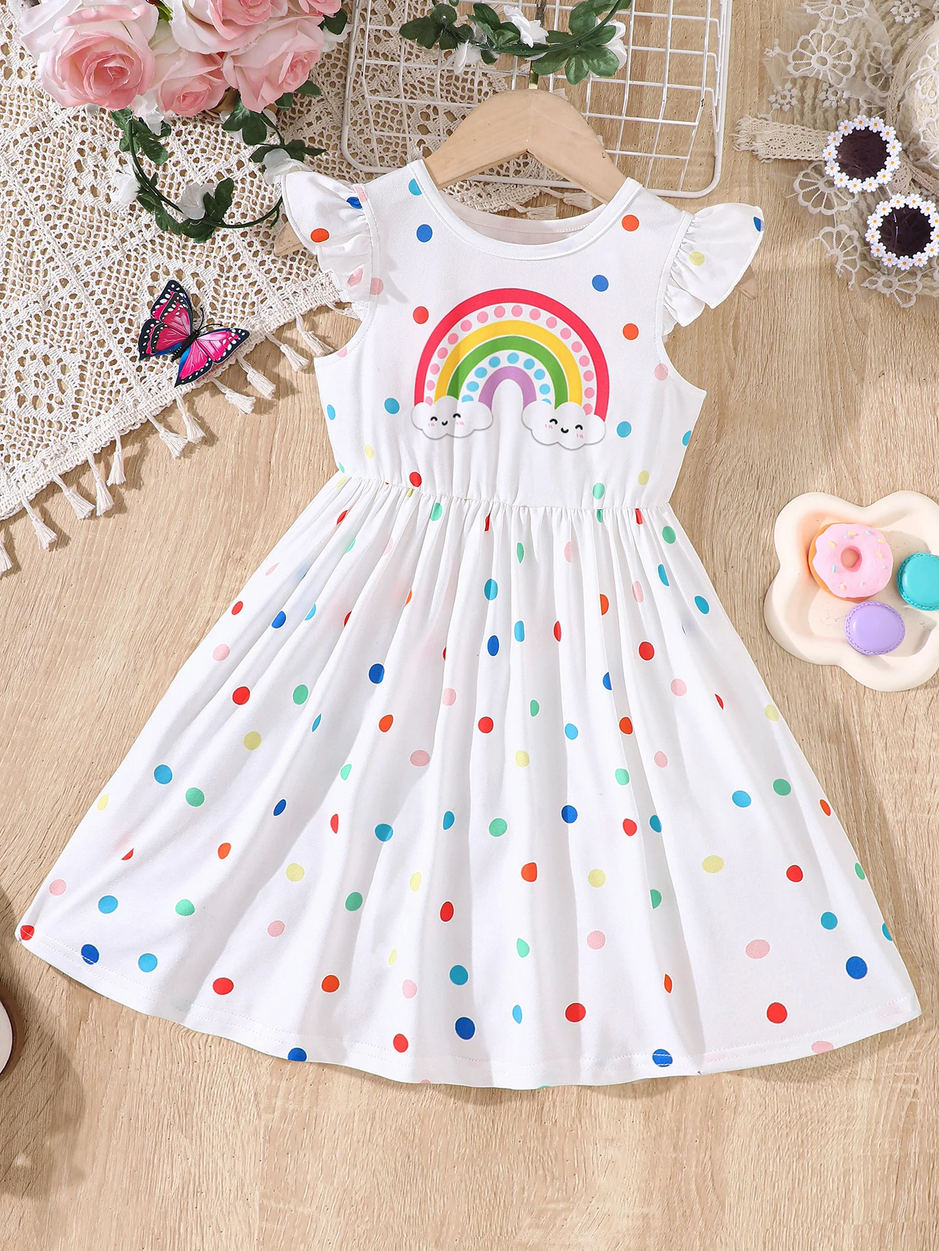 Girls-Summer-New-Casual-Dress-Colorful-Rainbow-Dot-Print-Small-Flying ...