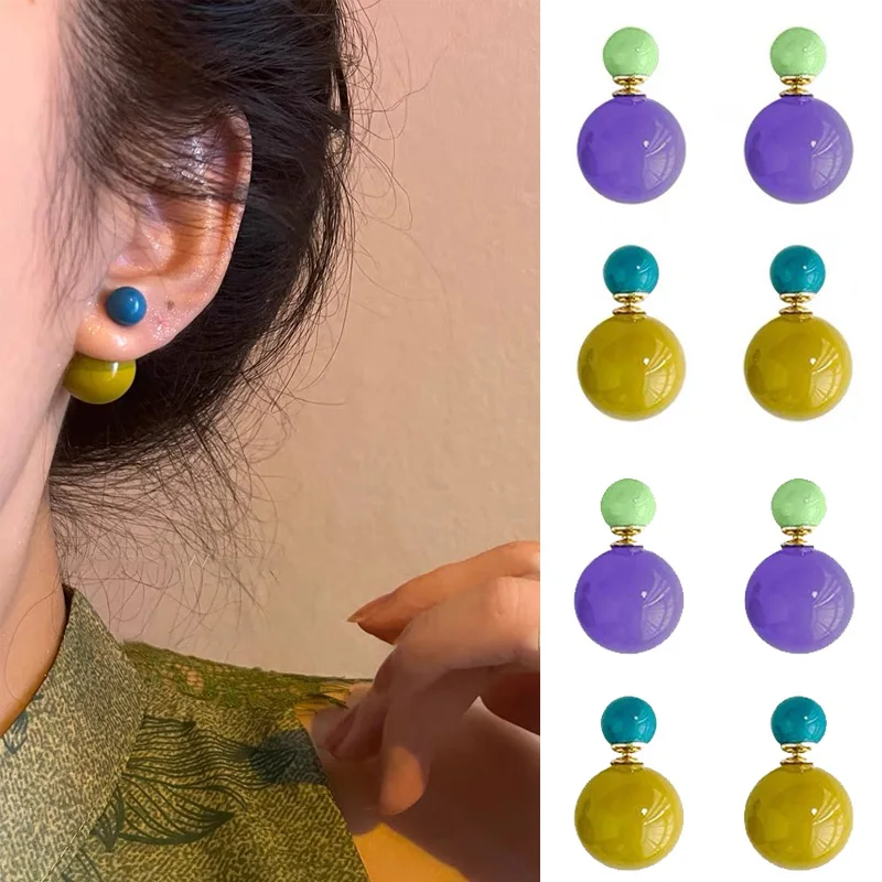 Double-Sided-Round-Ball-Earrings-for-Women-Luxury-Sweet-Pink-Purple ...