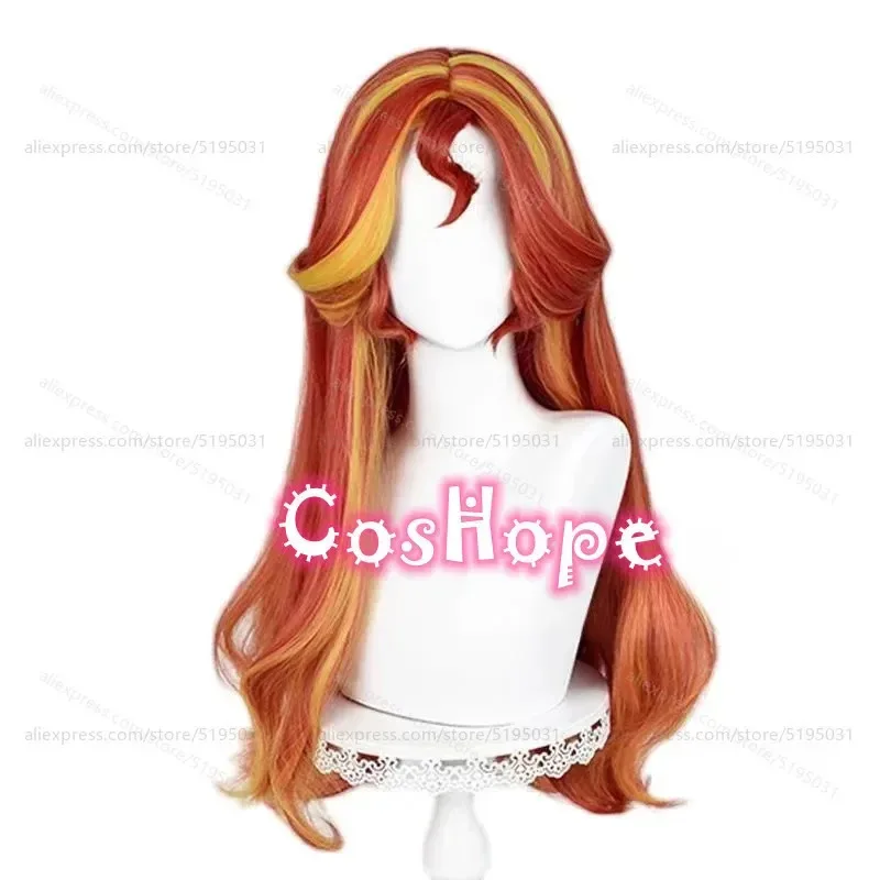 Sunset Shimmer Sunshim 컬리 웨이브 오렌지 레드 옐로우 가발 애니메이션 코스프레 내열성 합성 가발r,7;k'2 ...