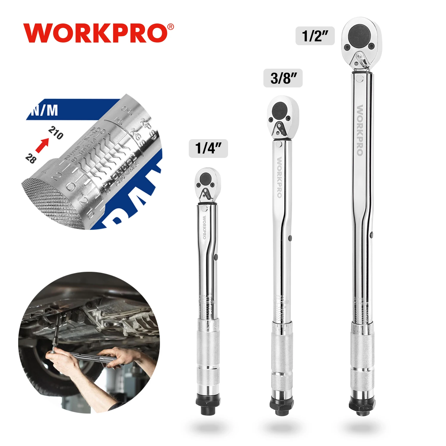 WORKPRO 1/4'' 3/8'' 1/2'' Square Drive Torque Wrench 5 210 N.m Auto Repair Two way Precise ...