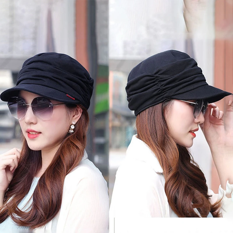 Women Adjustable Hat Short Brim Warm Foldable Earflap Solid Color Cap ...