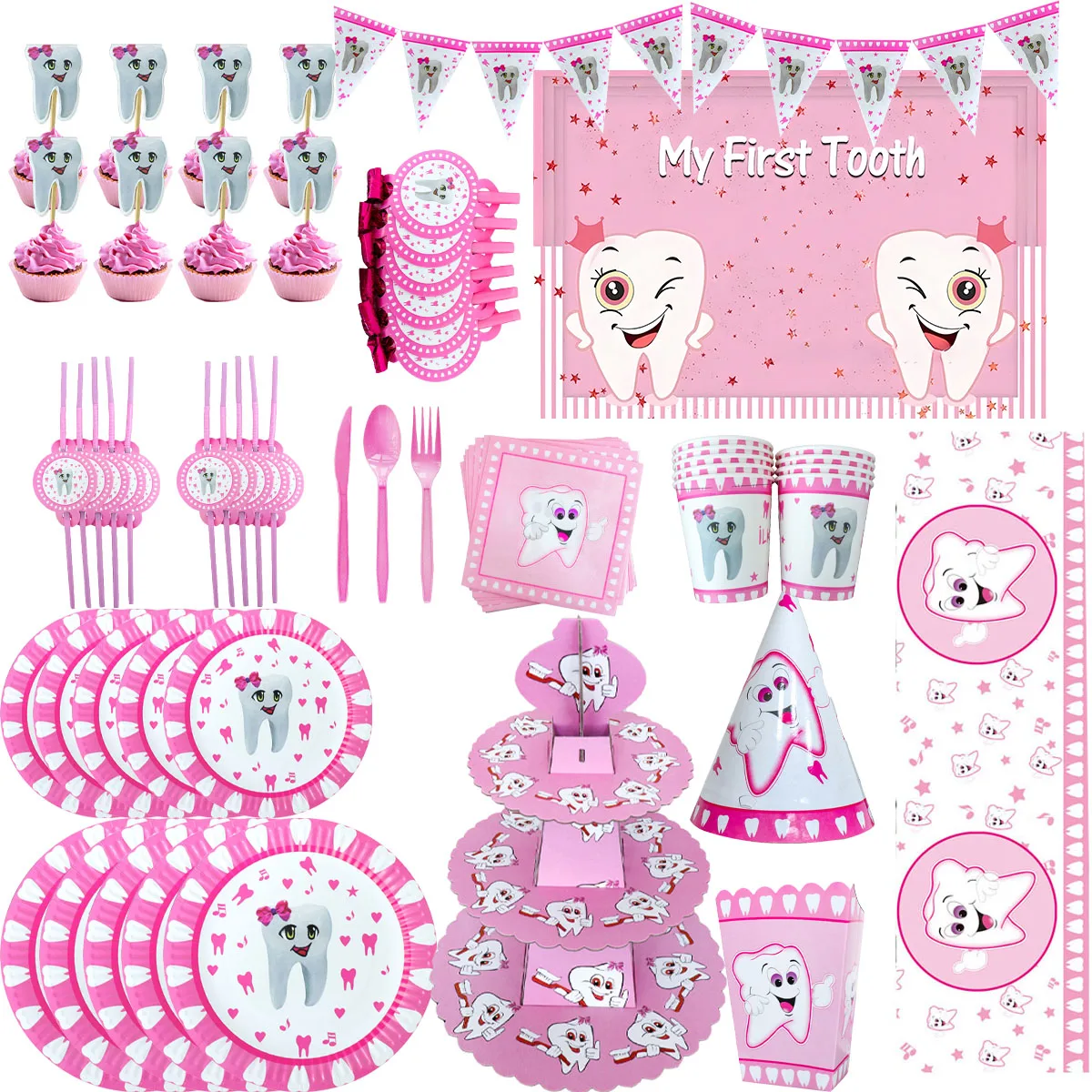 Charm-Pink-Blue-Teeth-Theme-Disposable-Tableware-Boy-Girl-First-Tooth ...