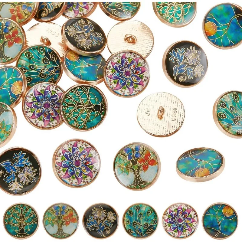 24Pcs 6 Styles Alloy Enamel Shank Buttons Plant Theme Metal Blazer ...