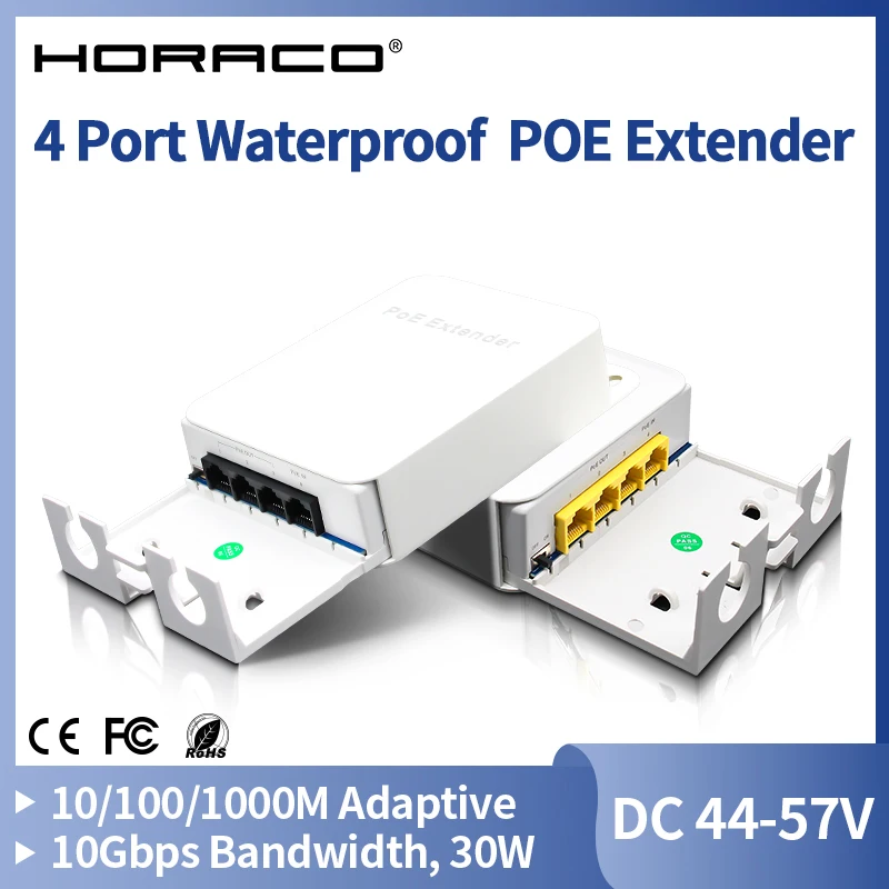 Horaco 4 Port Vízálló Poe Repeater 100/1000Mbps Kültéri Hálózat Extender Ip55 Vlan 44-57V 30W ...