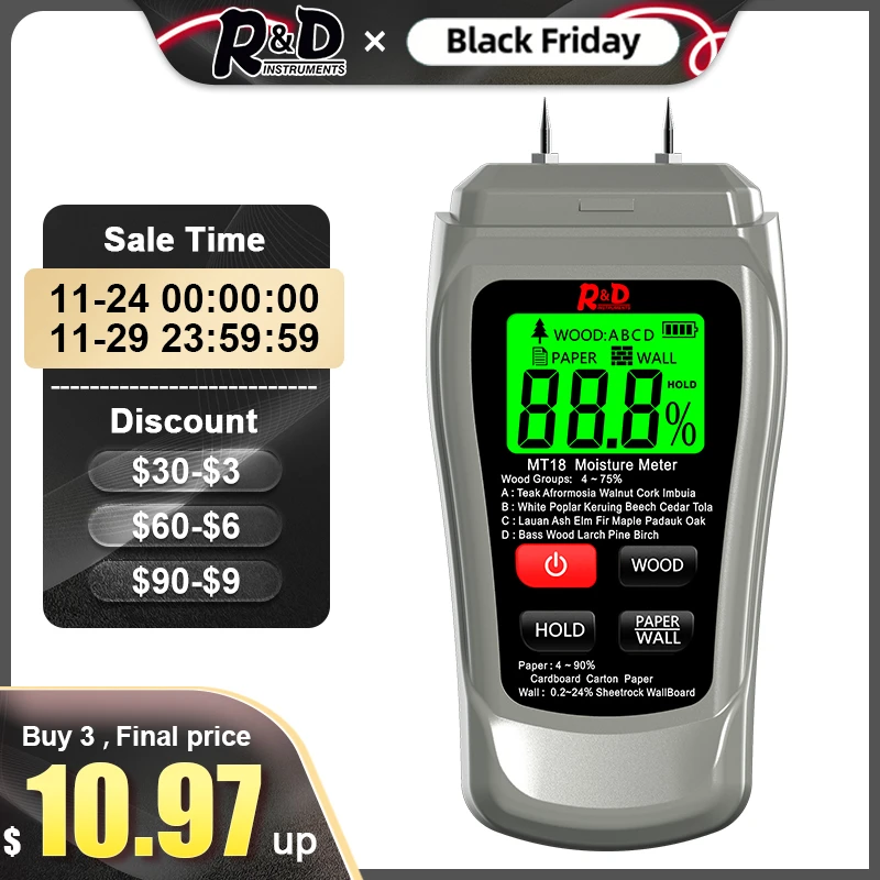 New Mt-18 Grey 0-99.9% Two Pins Digital Wood Moisture Meter Paper ...