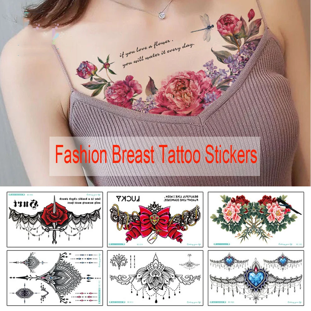 Fashion Breast Tattoo Stickers Waterproof Temporary Sketch Flower ...