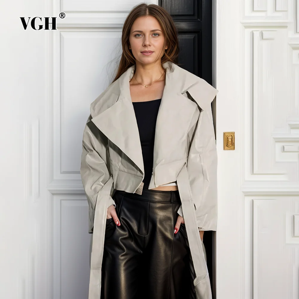 VGH-Solid-Leather-Coats-For-Women-Lapel-Long-Sleeve-Patchwork-Lace-Up ...