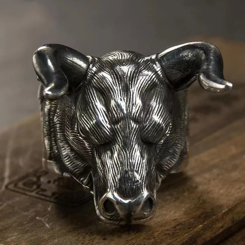Anillo de cabeza de toro de plata S999 para hombre, joyería de plata ...
