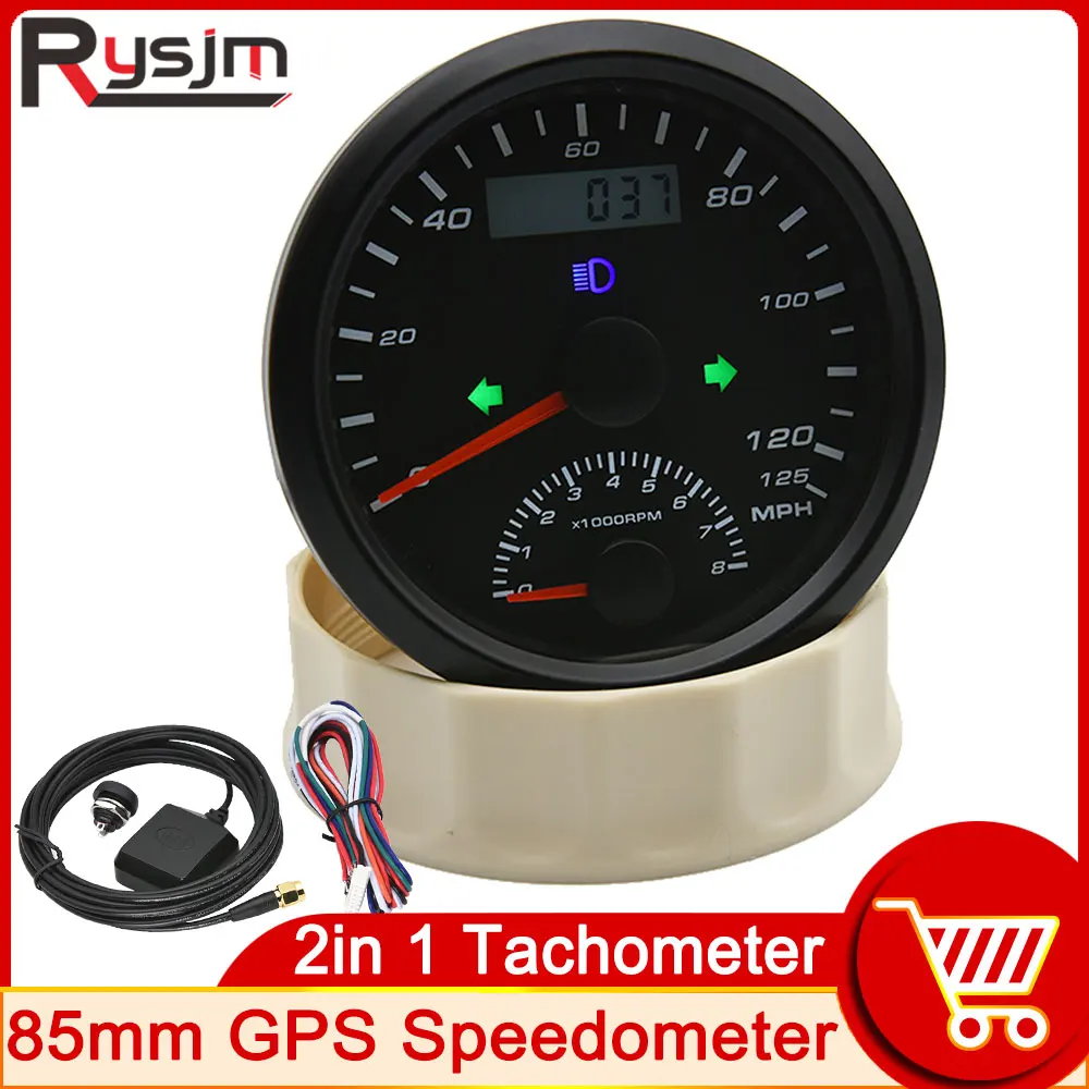 125MPH GPS Speedometer Tachometer 85mm GPS Antenna High Beam Indication ...