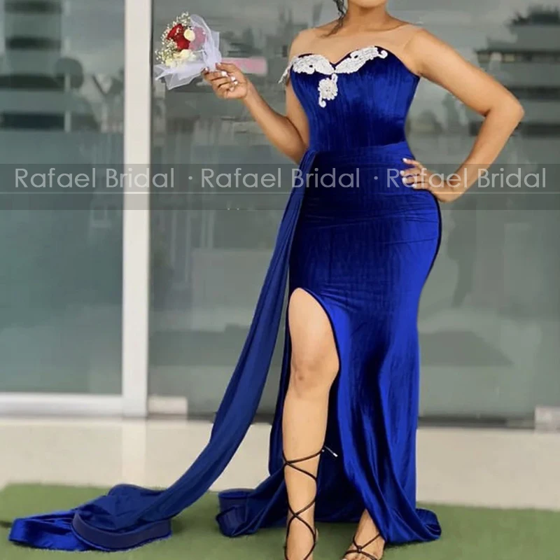 Stretchy-Velvet-Long-Bridesmaid-Dresses-Mermaid-Royal-Blue-Streamer ...