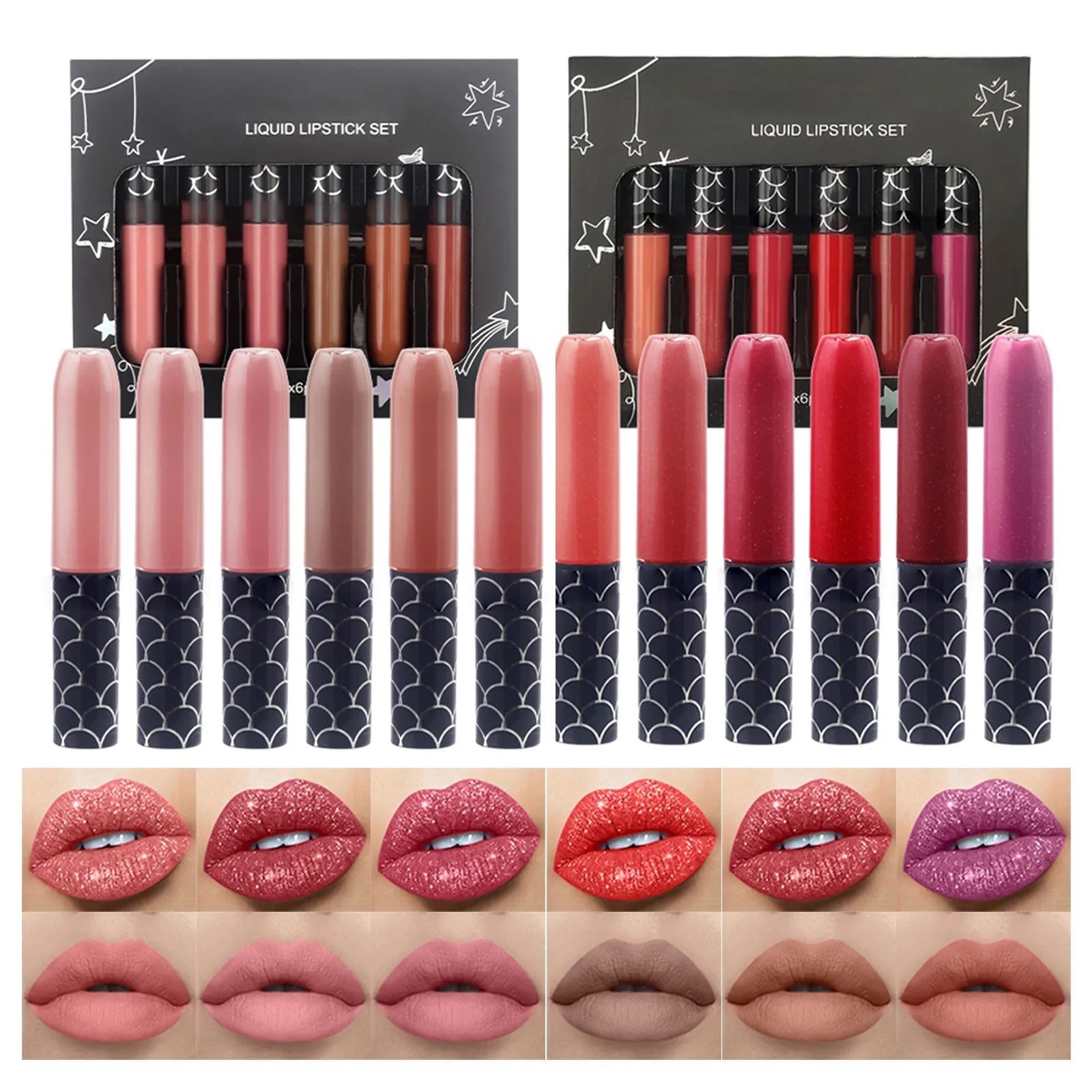1Set Lip Tint Stain Fish Scale Lip Glaze Six Sets Diamond Pearlescent ...
