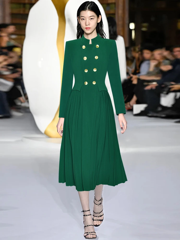 Stand-Collar-Pleated-Green-Midi-Dresses-for-Women-2024-Spring-Runway ...
