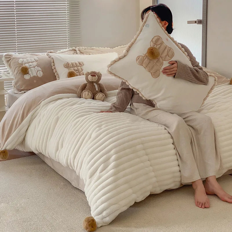 Winter-rabbit-velvet-bed-four-piece-set-double-sided-thickened-warm-bed ...