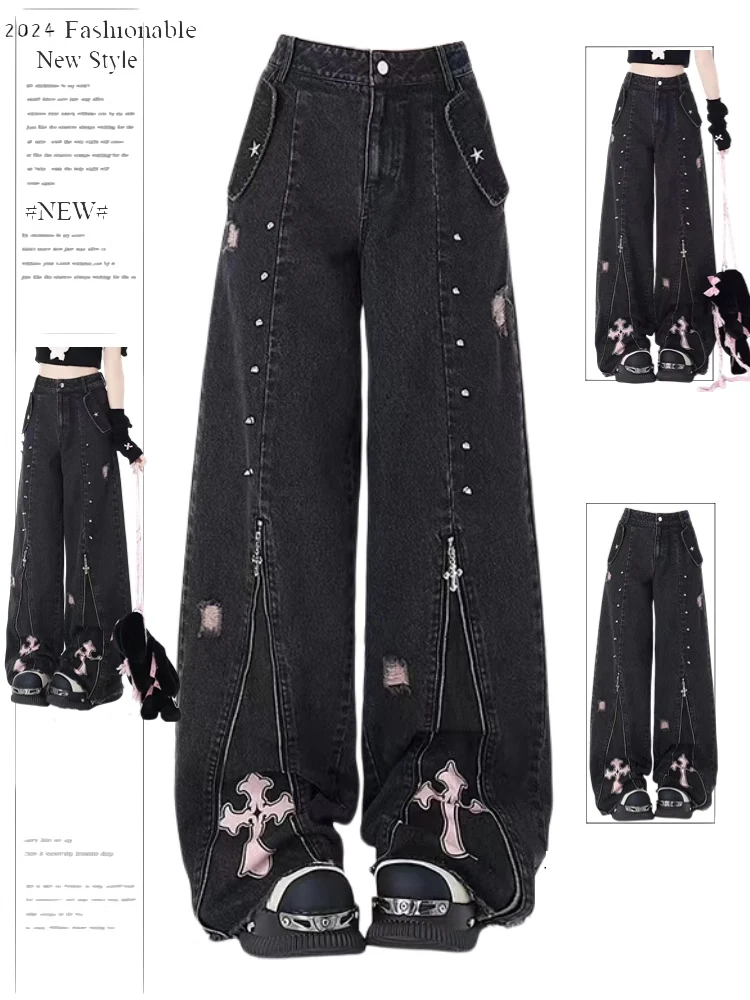 Damenbekleidung-Schwarze-Gothic-Jeans-90er-Jahre-sthetische-Y2k ...