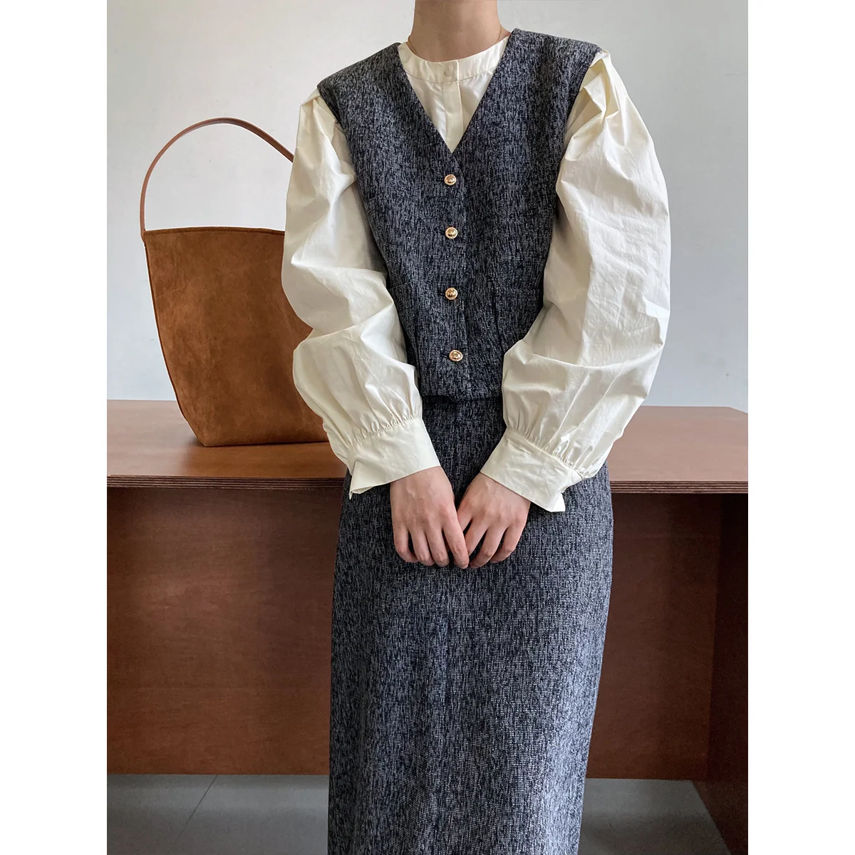 Women's Tweed Vest Jacket Top and Long Skirt Two Piece Set Korean Dress ...