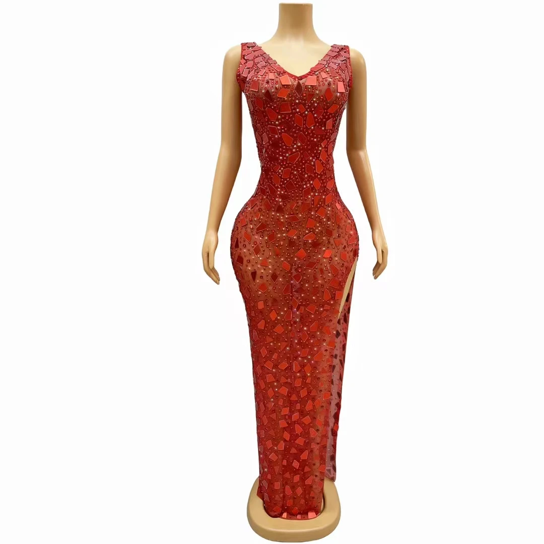 Red-Sleeveless-Diamond-Sequin-High-Slit-Long-Dress-Birthday-Party ...