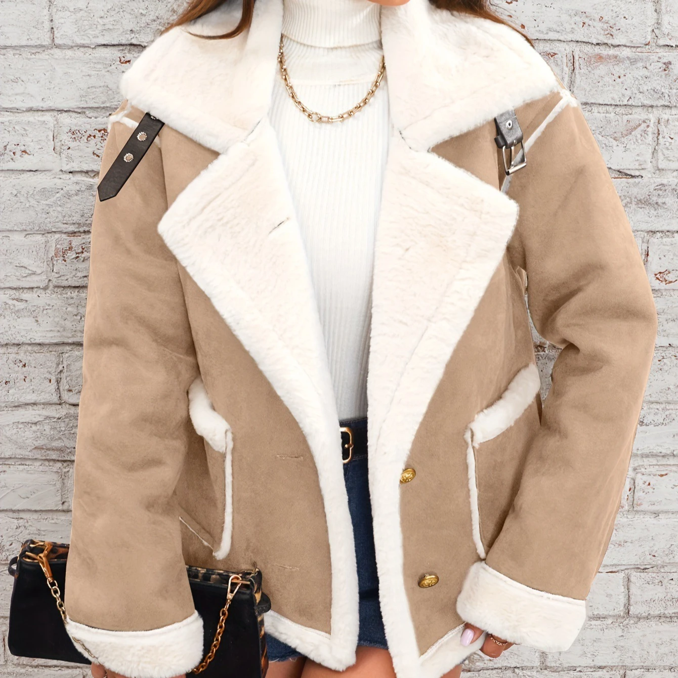 Women Shearling Jacket Casual Short Coat Y2k Turn Down Collar Long ...
