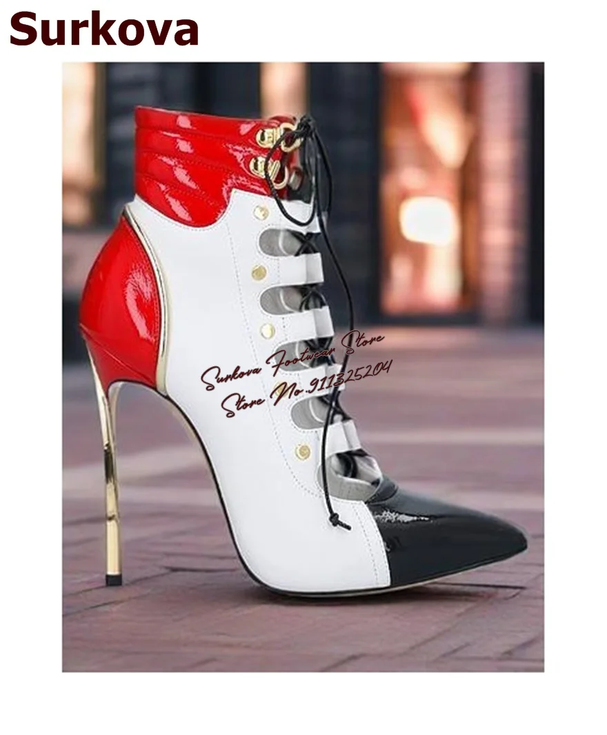 Surkova Gold Metal Blade Heel Color Patchwork Ankle Boots Pointed Toe ...
