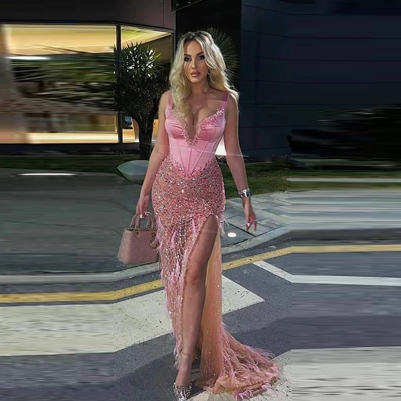 Sparkly-Pink-Sequined-Prom-Dresses-Sexy-Low-Neckline-Side-Split-Evening ...