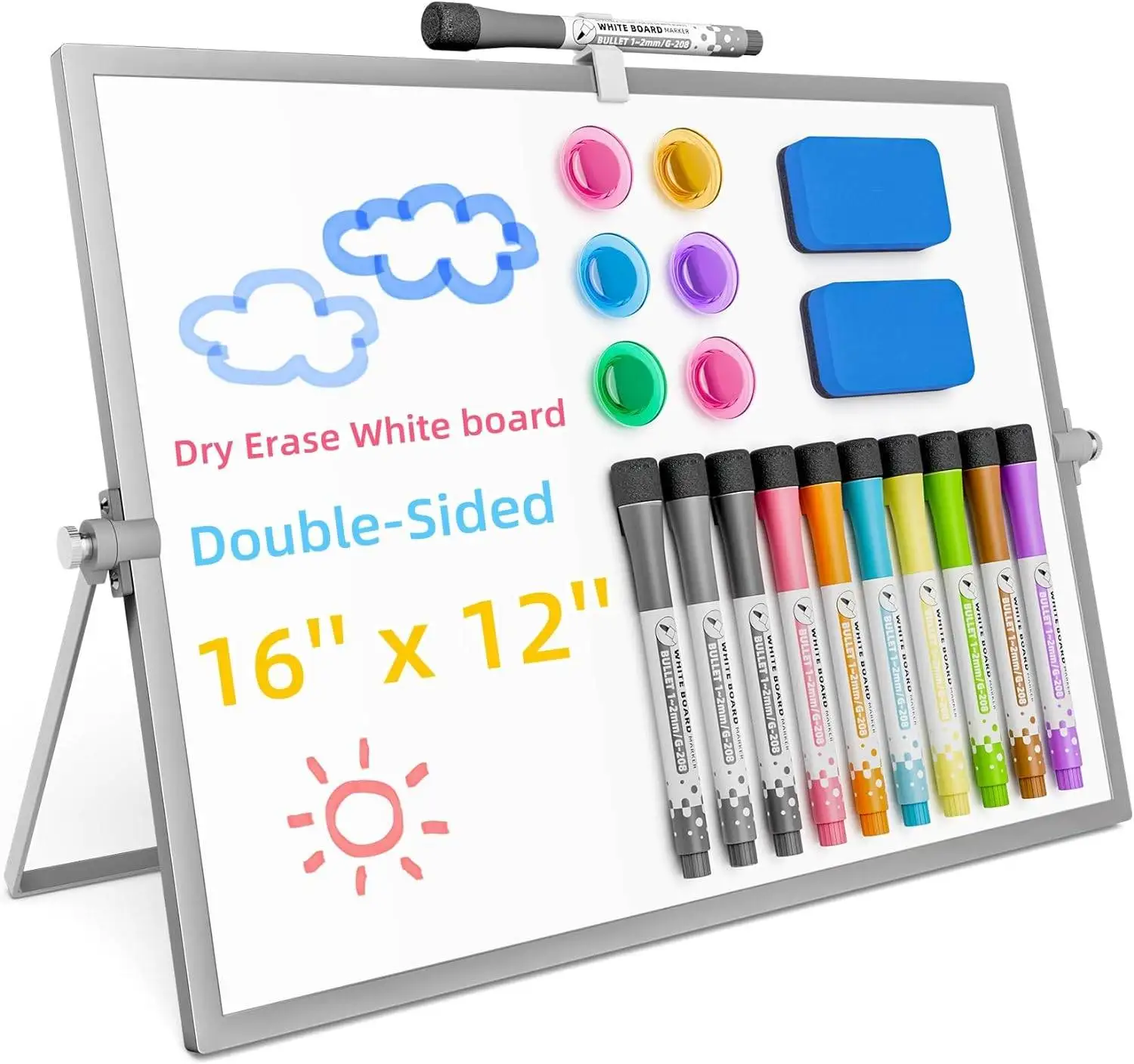 Double-Sided Dry Erase White Board, 16'' x 12'' Magnetic Desktop ...
