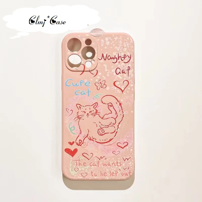 Clmj Cute Cartoon Cat Phone Case For iPhone 11 12 Mini 13 Pro 14 XR XS Max X Se 2020 7 8 Plus ...