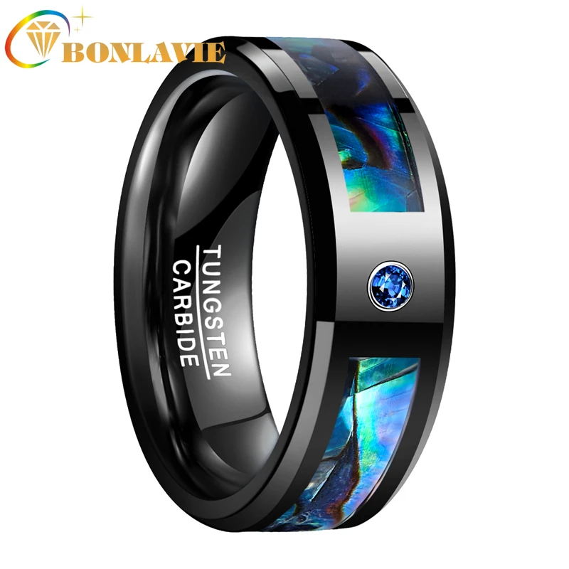 BONLAVIE 8mm Tungsten Carbide Ring Black Abalone Shell Ring with Blue ...