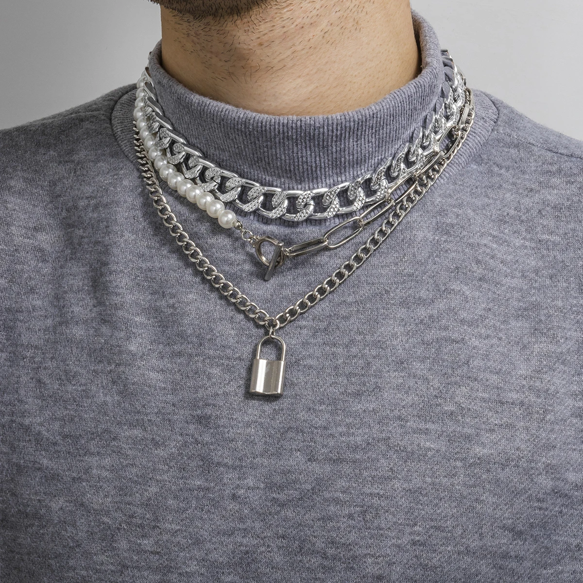 3 Pcs/Set Layered Chunky Chain with Lock Pendant Necklace Men Asymmetry ...