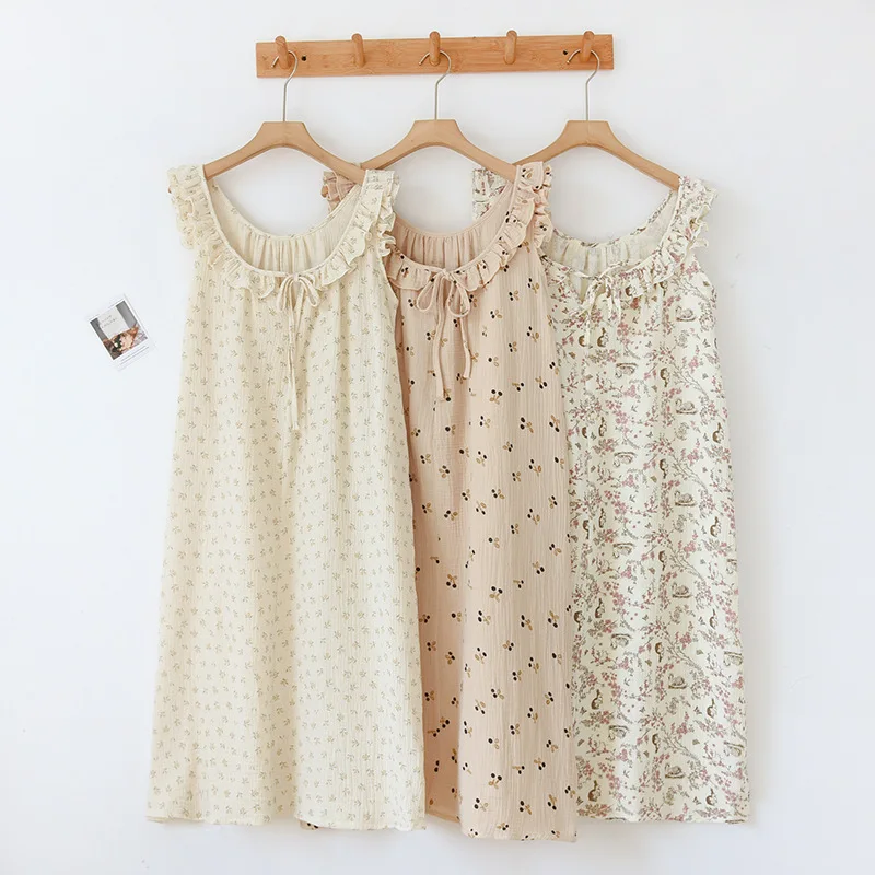 Fashion Printing Nightdress for Ladies Sleepwear Cotton Ruffle Leaf ...