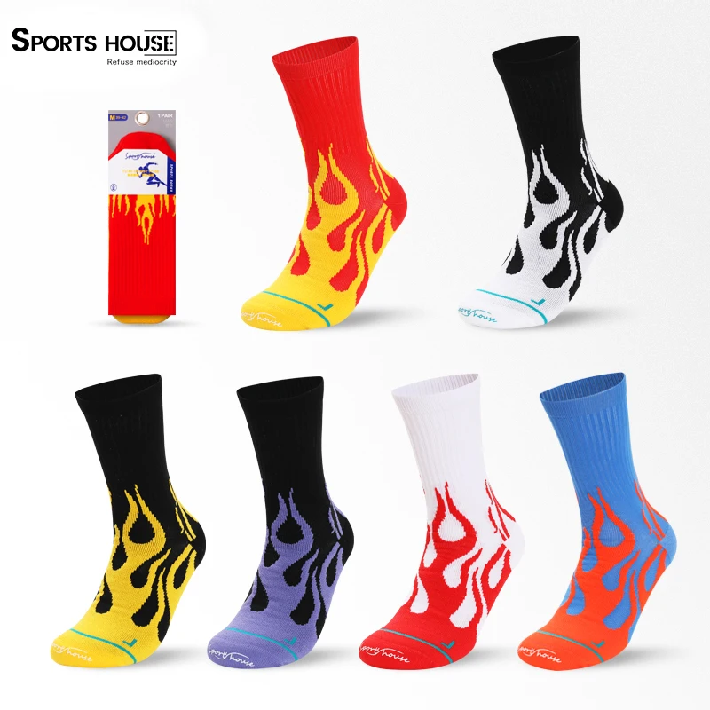 SPORT-S-HOUSE-Flame-pattern-towel-sole-mid-tube-socks-Wicking-sweat ...